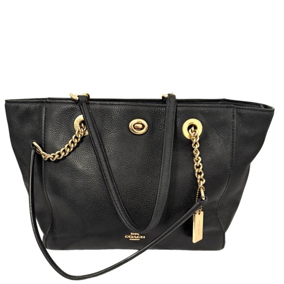Coach | Bags | Coach Turnlock Chain Tote Bag Pebbled Leather Black Gold ...